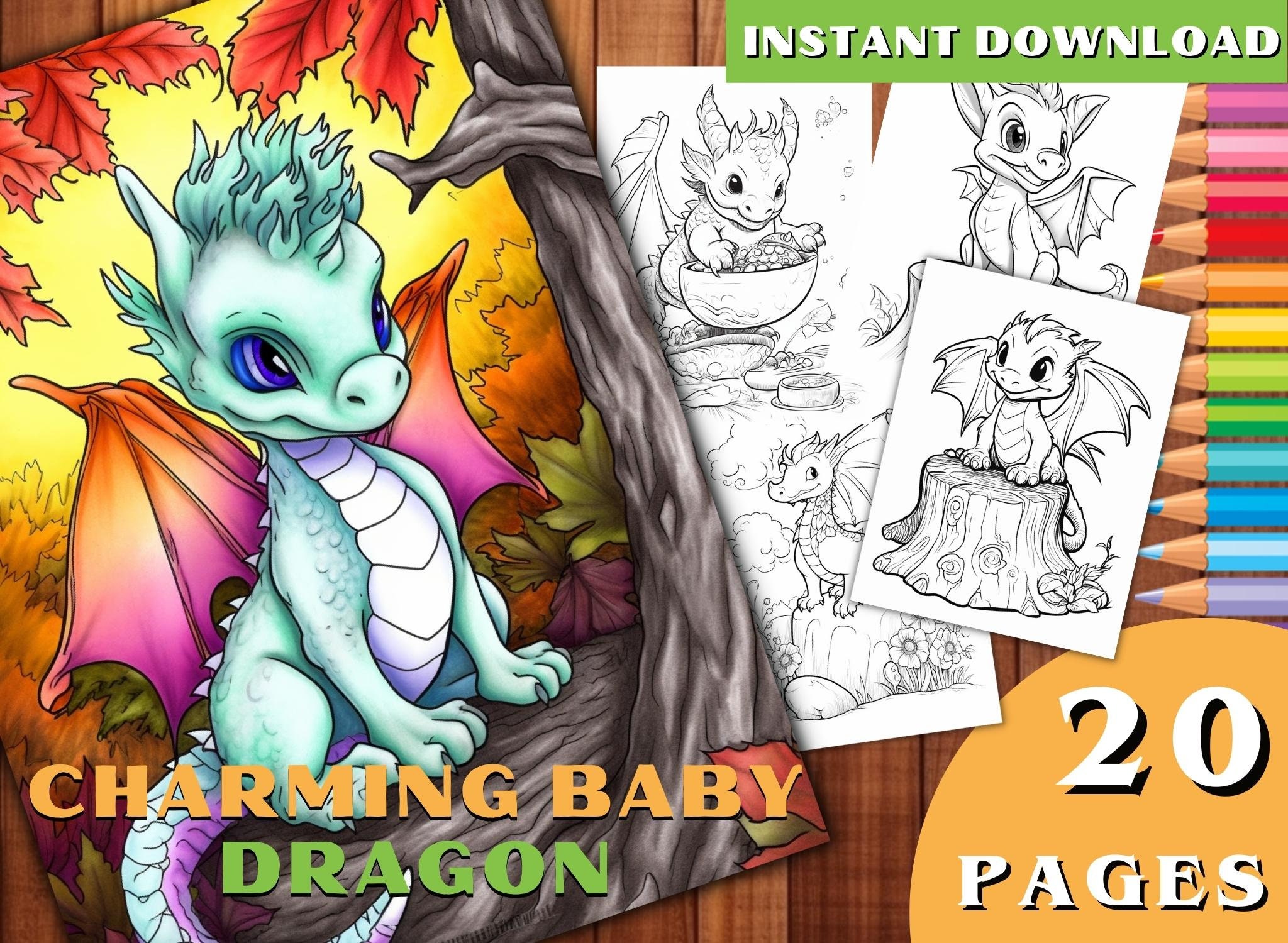 20 Charming Baby Dragon Fantasy Coloring Page Book, for Adults and Kids ...