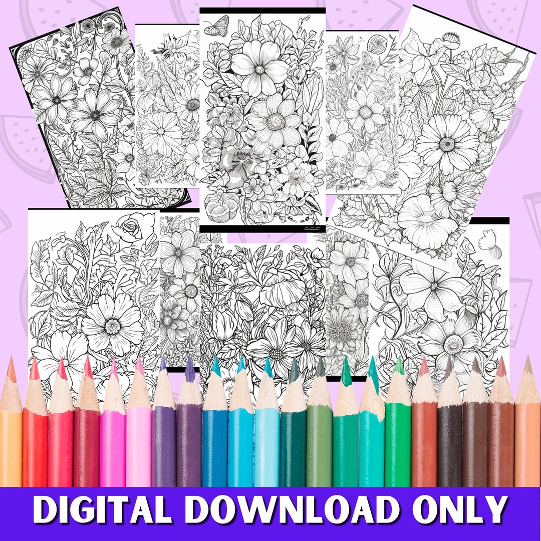 Flower Themed Coloring Pages 10 Coloring Pages for Adults and - Etsy
