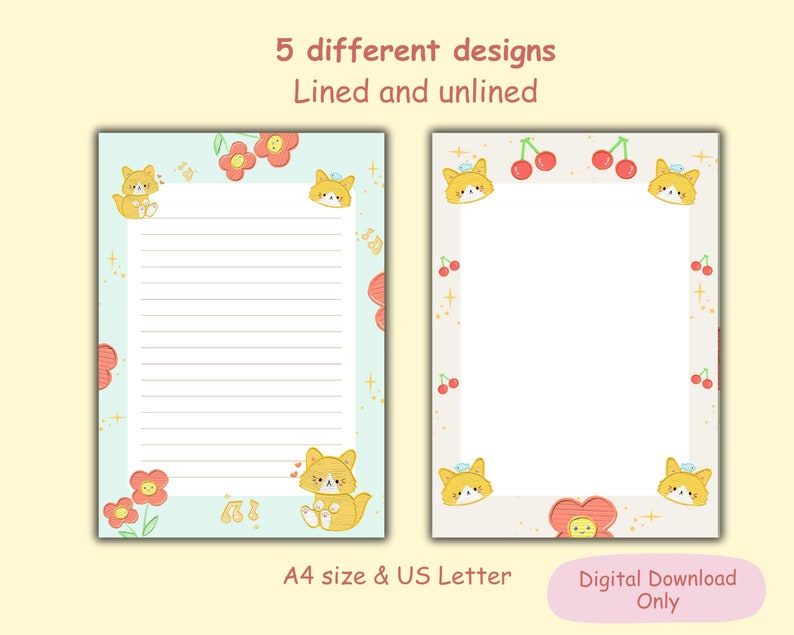 Kawaii Cats Stationary Printable Kawaii Pages Pastel Lined Pages Cute ...