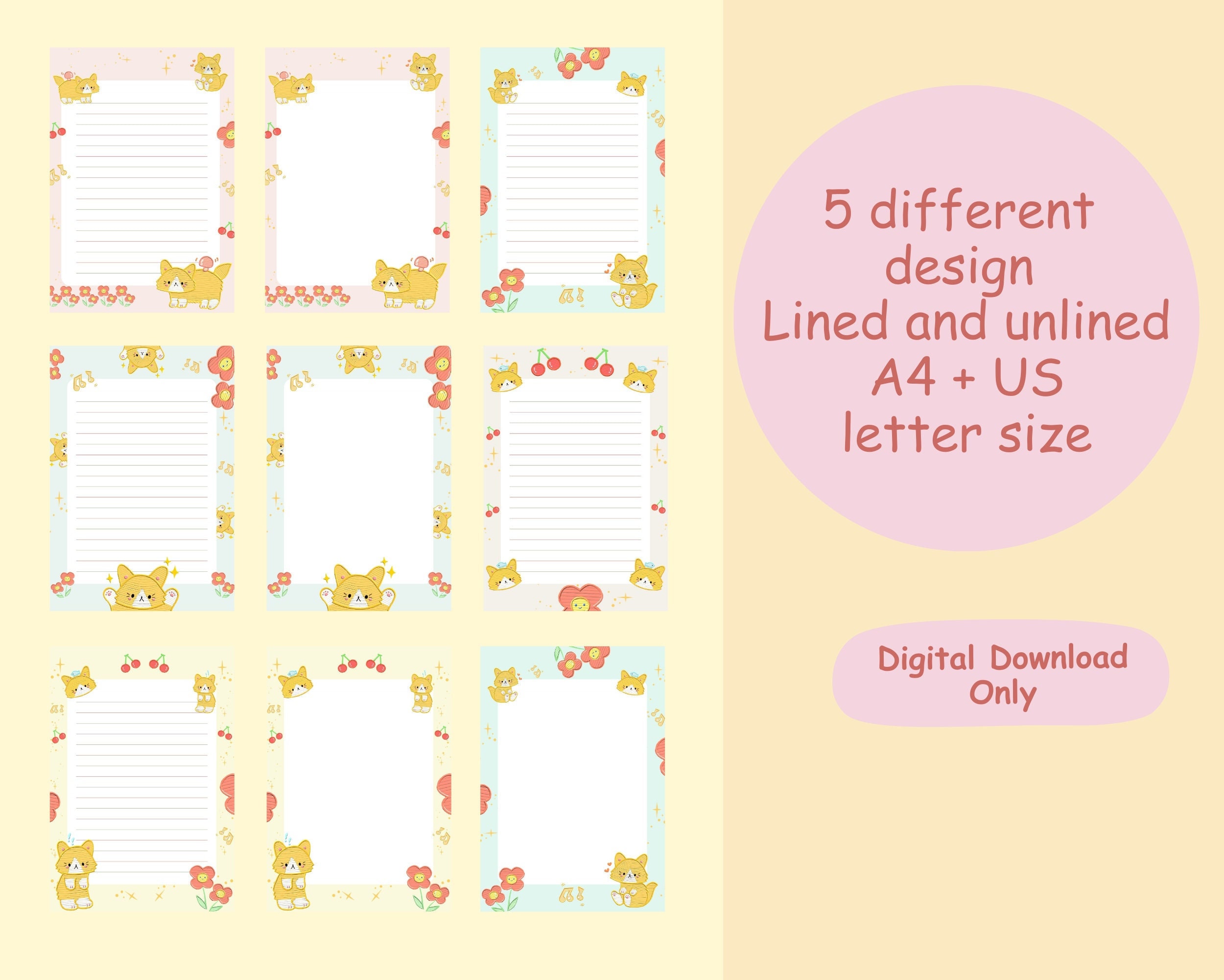 Kawaii Cats Stationary Printable Kawaii Pages Pastel Lined Pages Cute ...