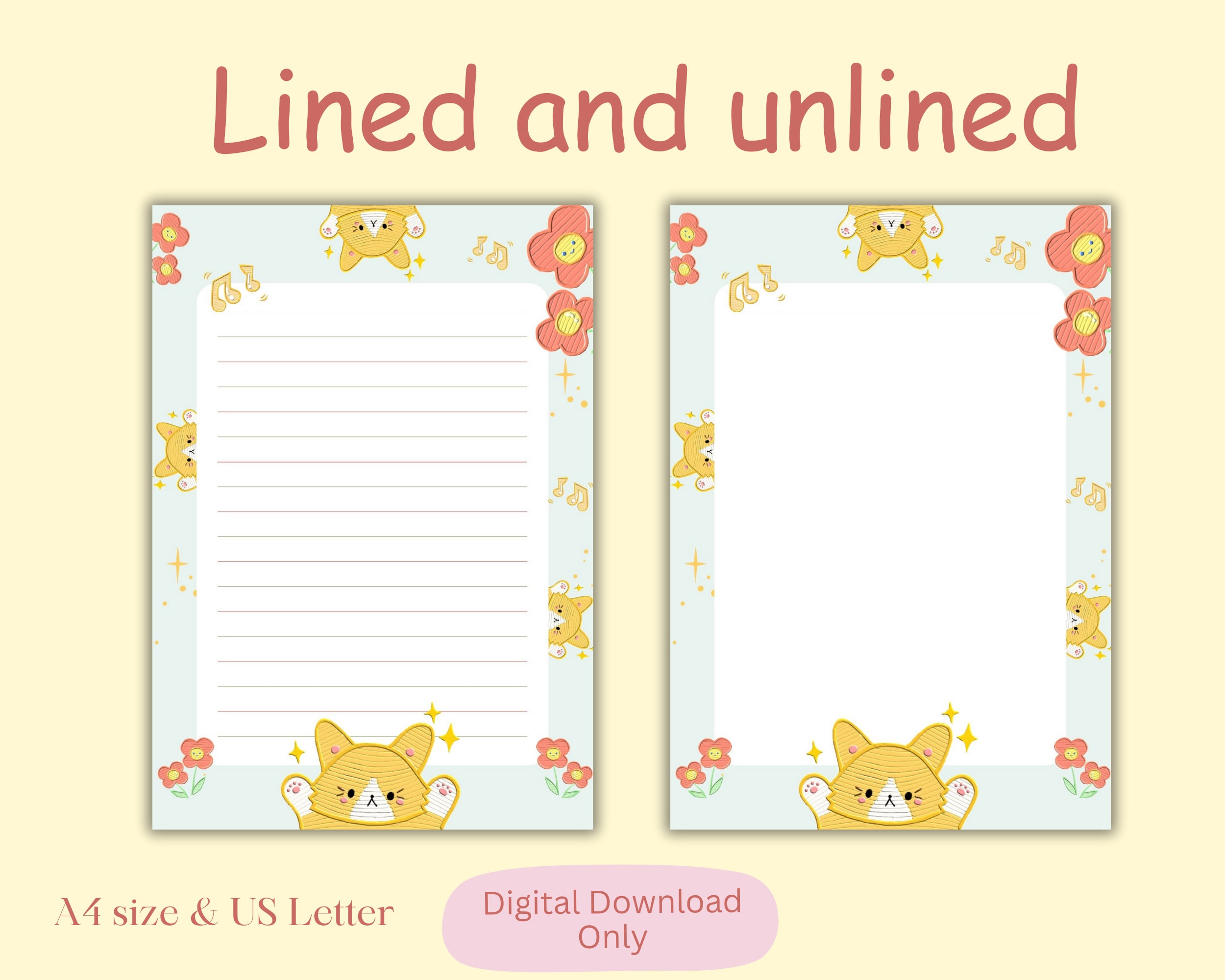 Kawaii Cats Stationary Printable Kawaii Pages Pastel Lined Pages Cute ...