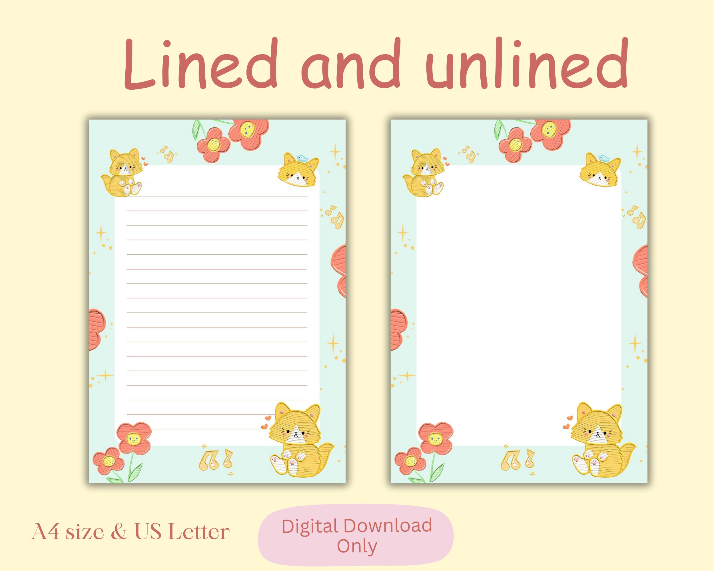 Kawaii Cats Stationary Printable Kawaii Pages Pastel Lined Pages Cute ...