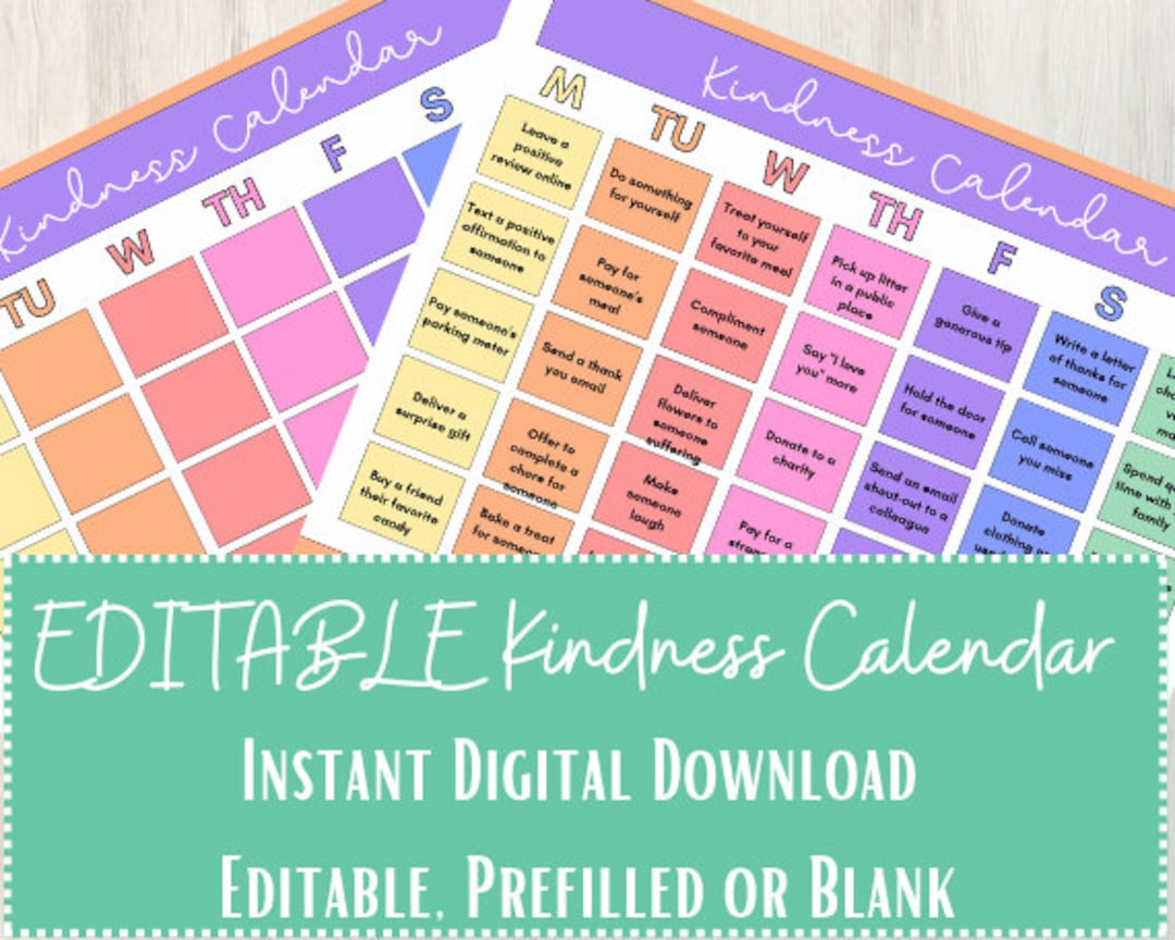 EDITABLE Kindness Calendar, Editable Month Long Pay It Forward ...