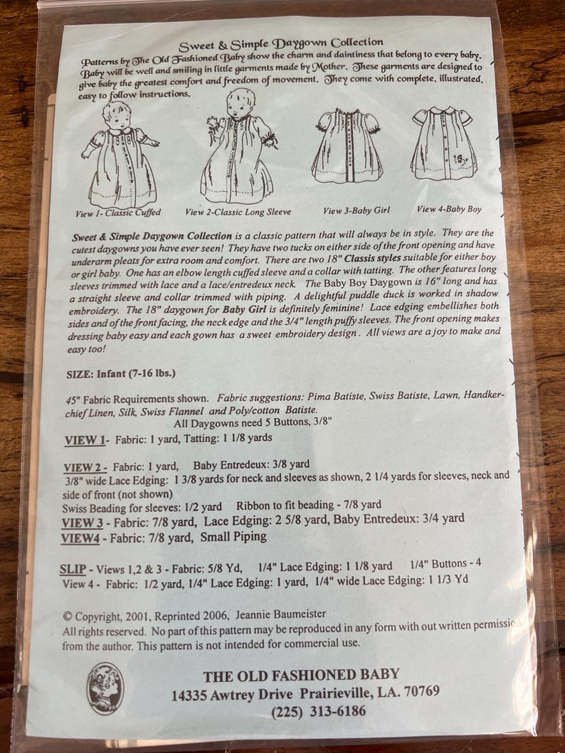 Sweet & Simple Daygown Sewing Pattern Size Infant Heirloom Jeannie ...