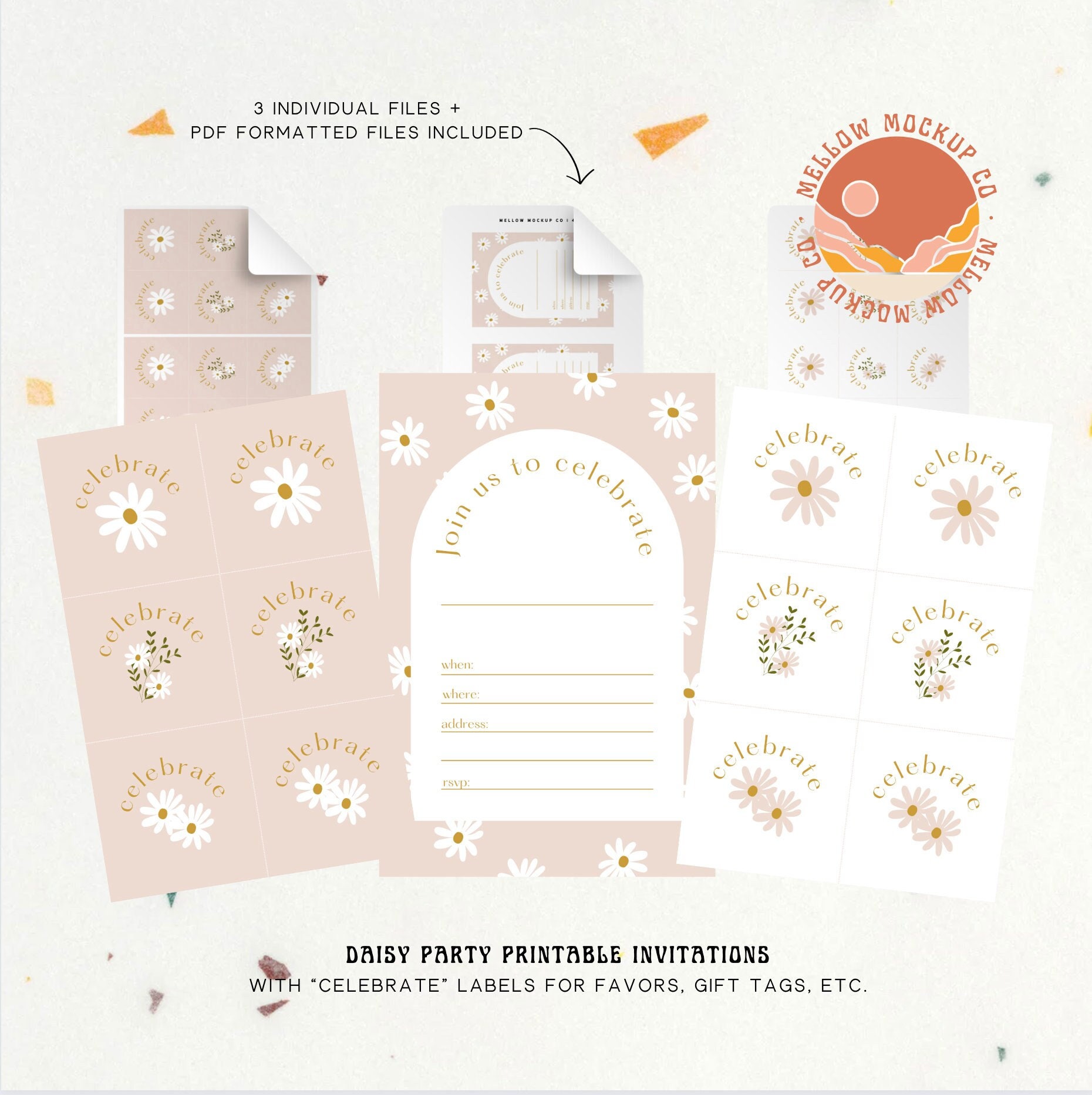 Daisy Blush Printable Invitation and Celebrate Party Tag Labels for ...