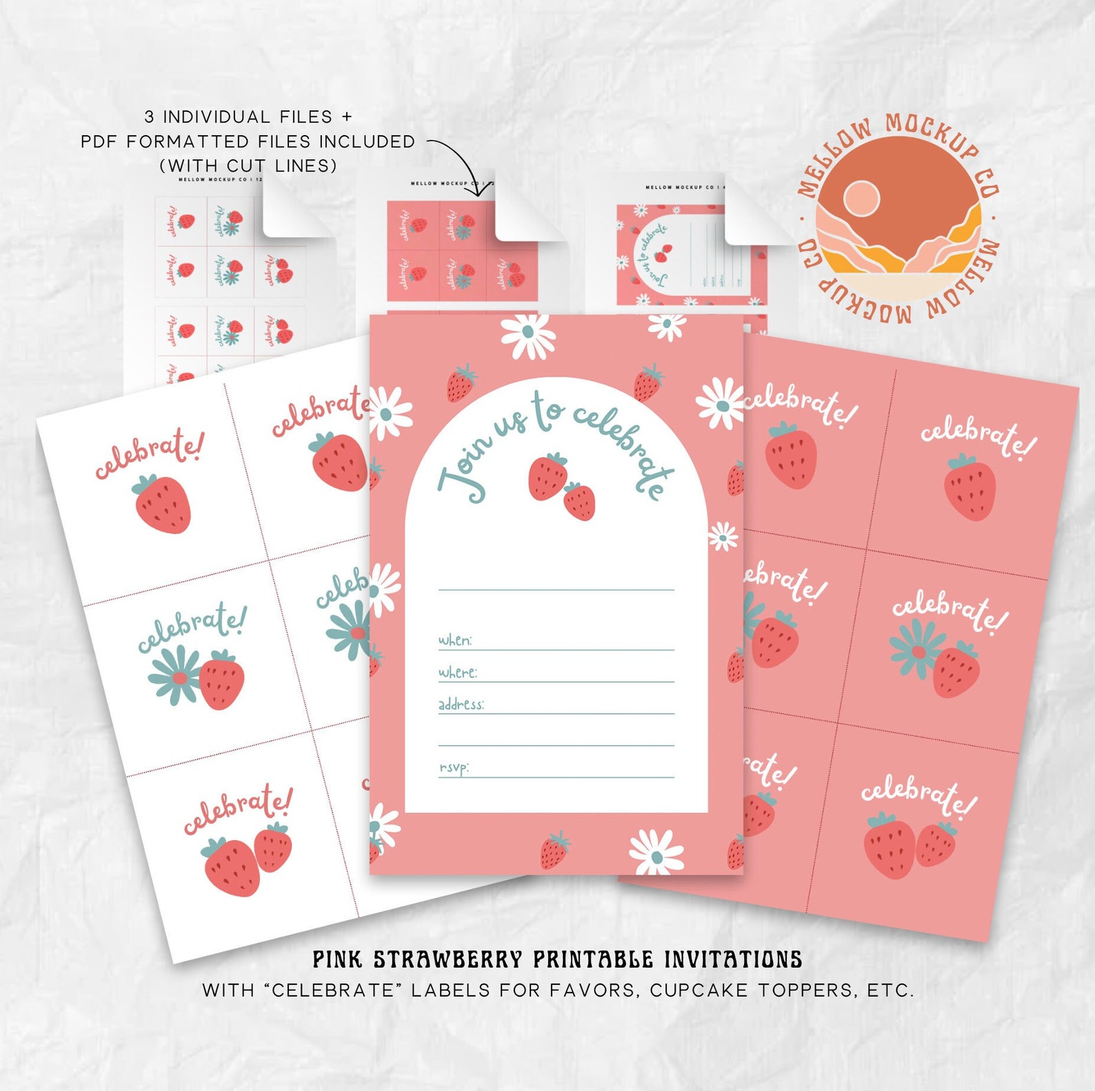 Pink Strawberry Printable Invitation and Celebrate Tag Labels for ...