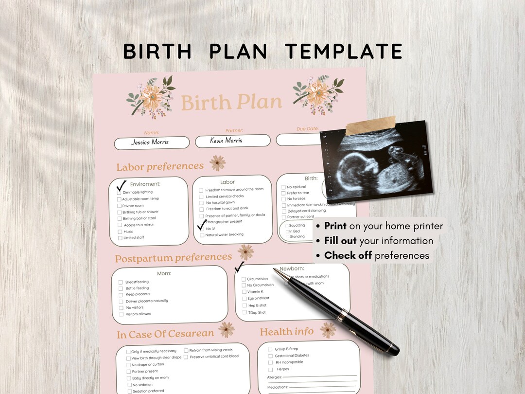 Birth Plan Template, Pregnancy Planner, Labor and Delivery, Natural ...