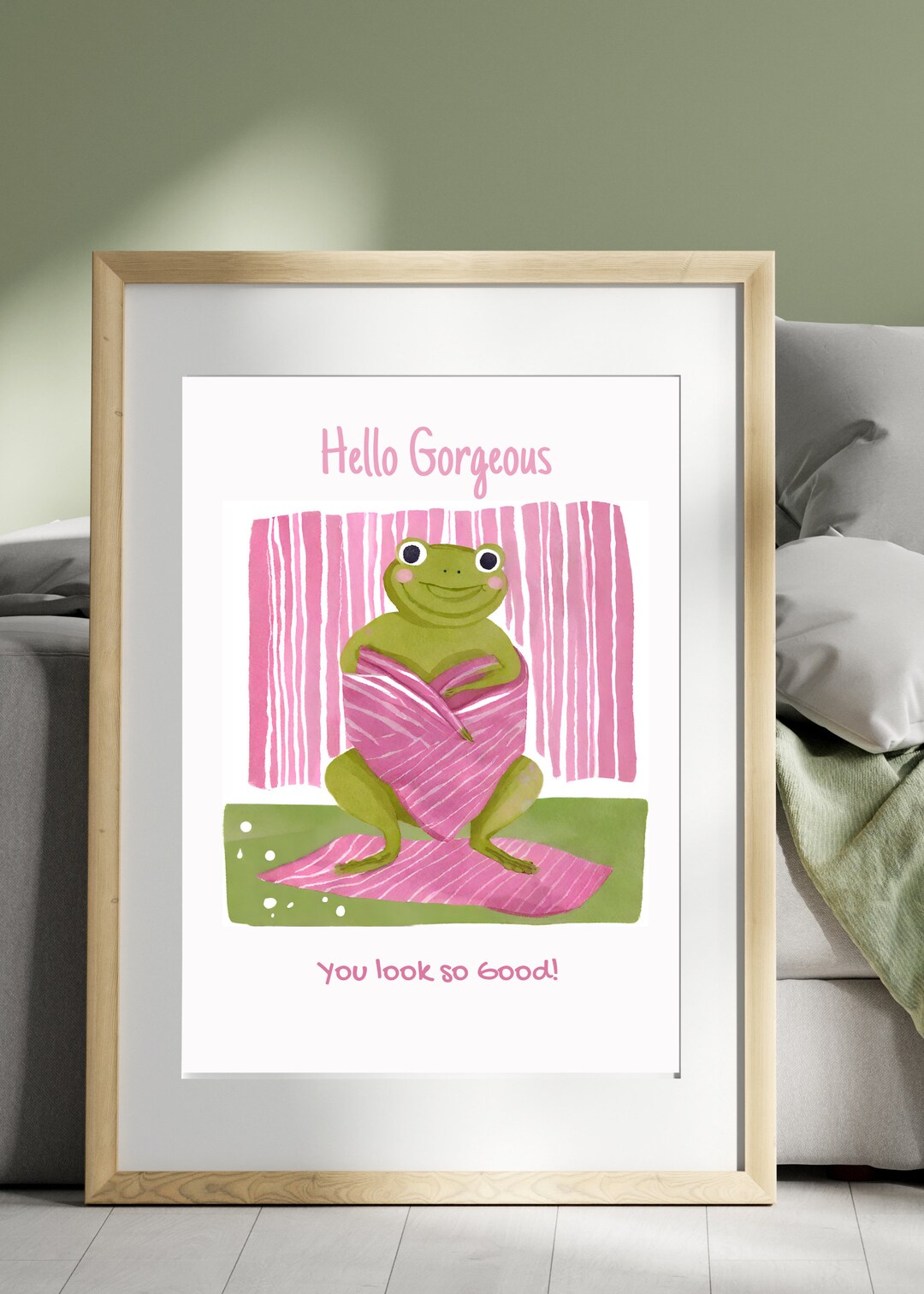 Girly Frog Self Love Wall Print, Positivity Hello Gorgeous Quote, Pink ...
