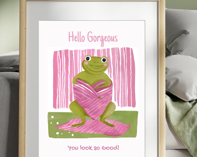 Girly Frog Self Love Wall Print, Positivity Hello Gorgeous Quote, Pink ...
