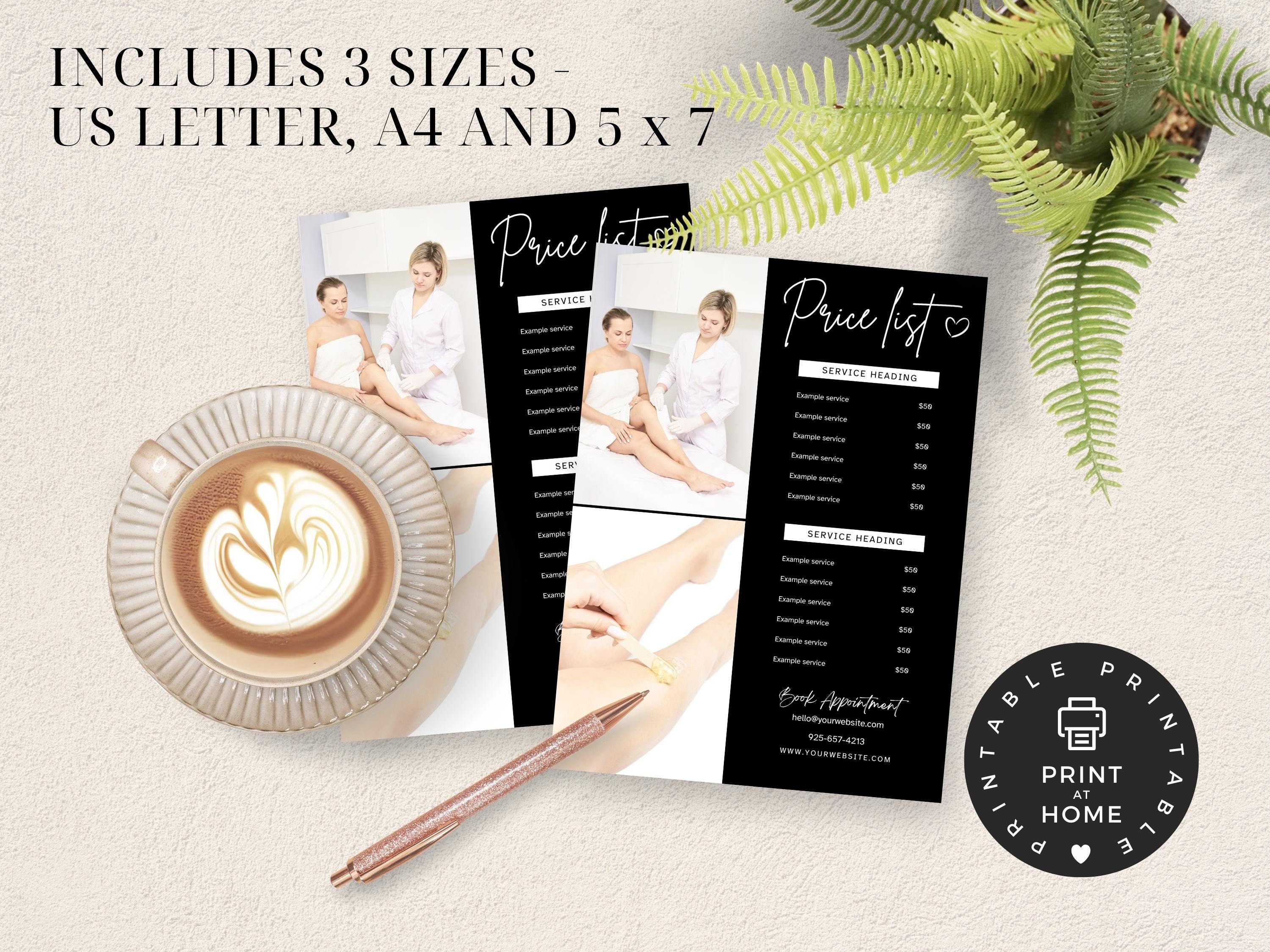 Pricing List Template for Waxing, INSTANT DOWNLOAD, Beauty Salon Price ...