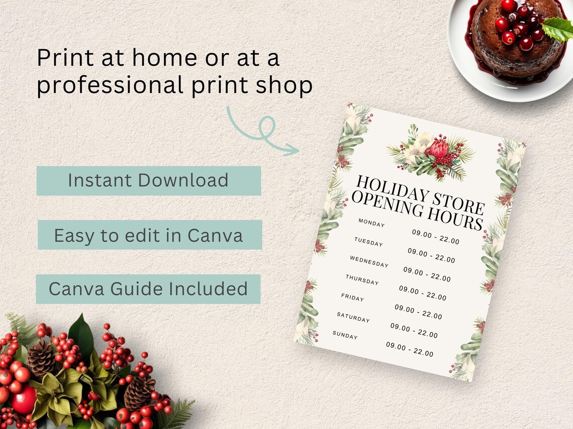 Holiday Store Opening Hours, Christmas Business Sign Template, INSTANT ...