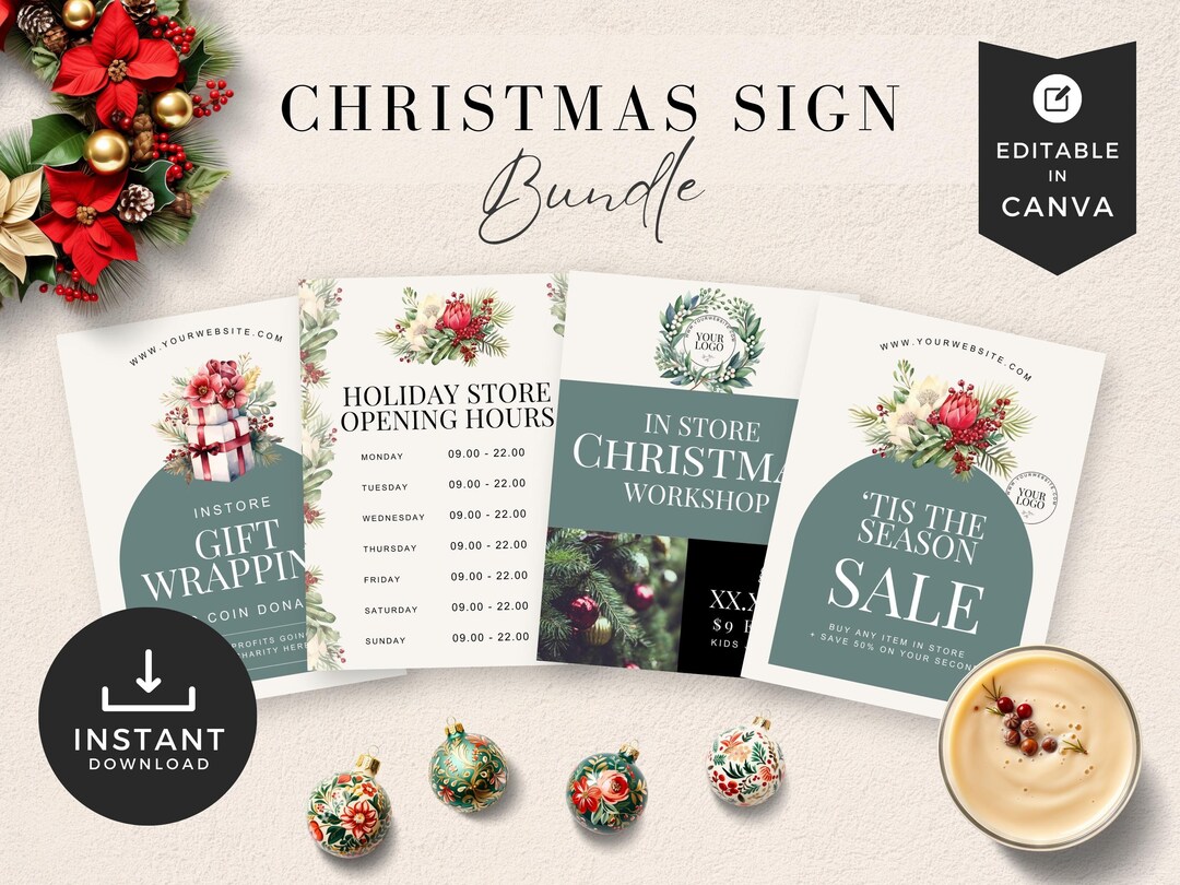 Christmas Business Sign Bundle, Holiday Store Opening Hours, INSTANT ...