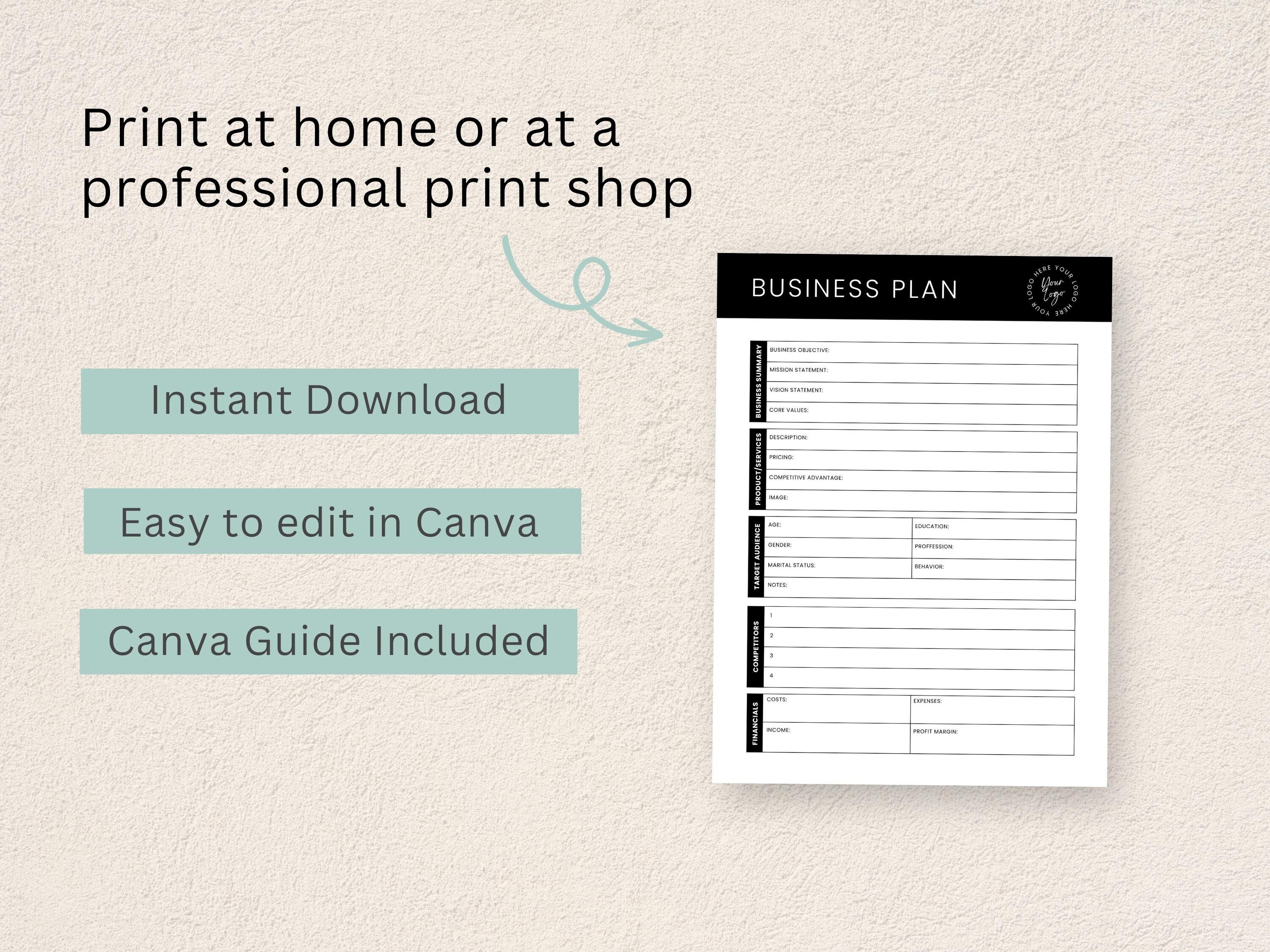 One Page Business Plan Template INSTANT DOWNLOAD Printable - Etsy