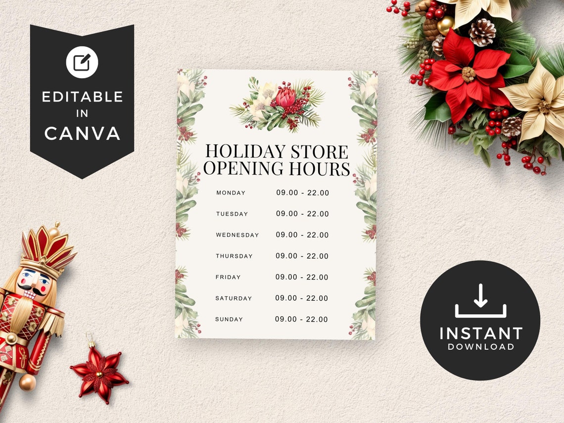 Holiday Store Opening Hours, Christmas Business Sign Template, INSTANT ...
