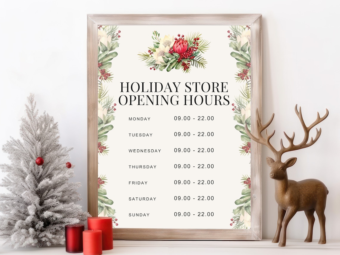 Holiday Store Opening Hours, Christmas Business Sign Template, INSTANT ...