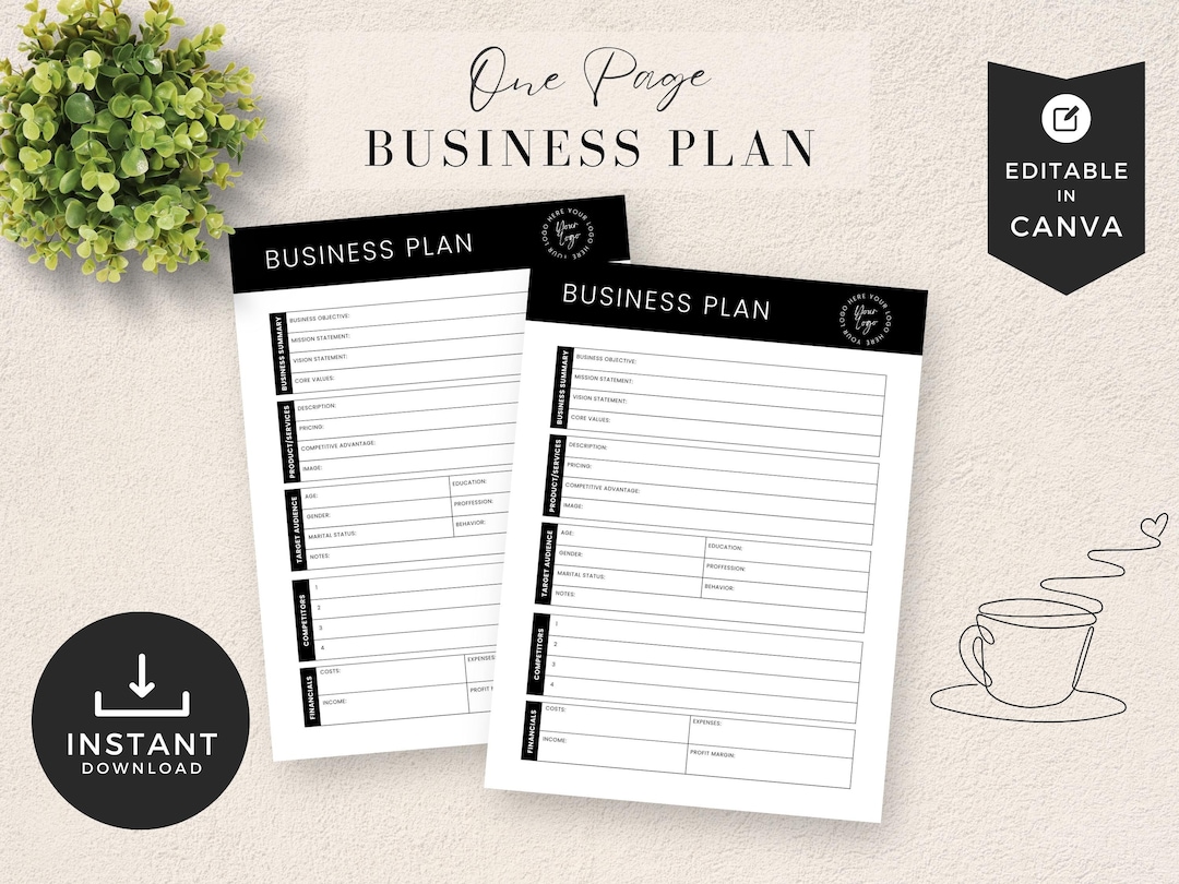 One Page Business Plan Template, INSTANT DOWNLOAD, Printable Startup ...