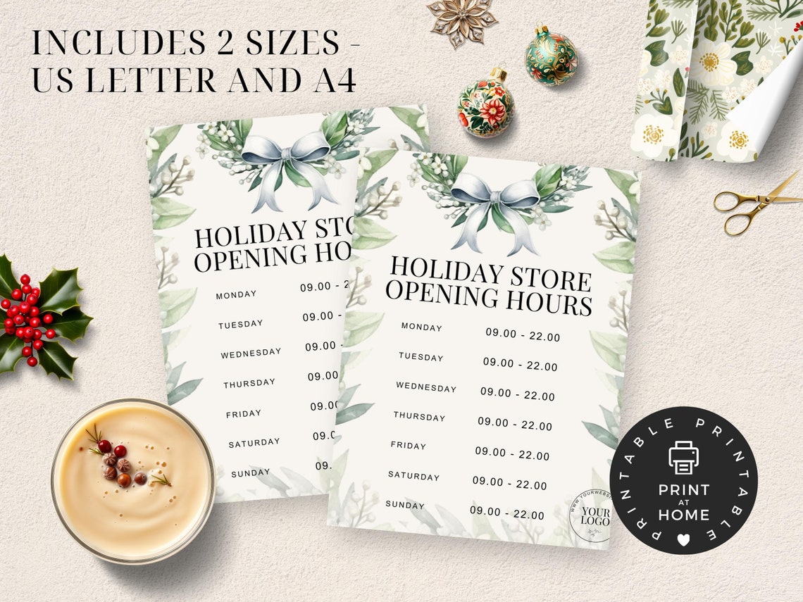 Holiday Store Opening Hours, Christmas Business Sign Template, INSTANT ...