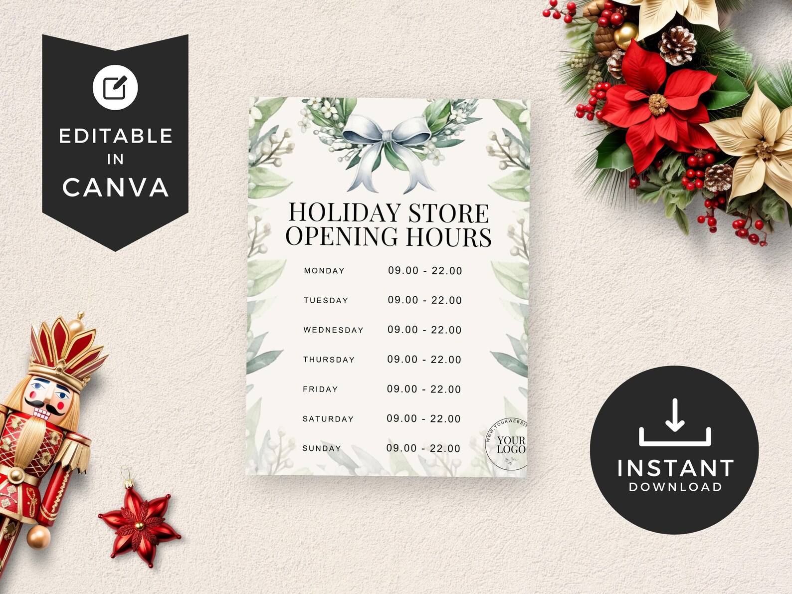 Holiday Store Opening Hours, Christmas Business Sign Template, INSTANT ...
