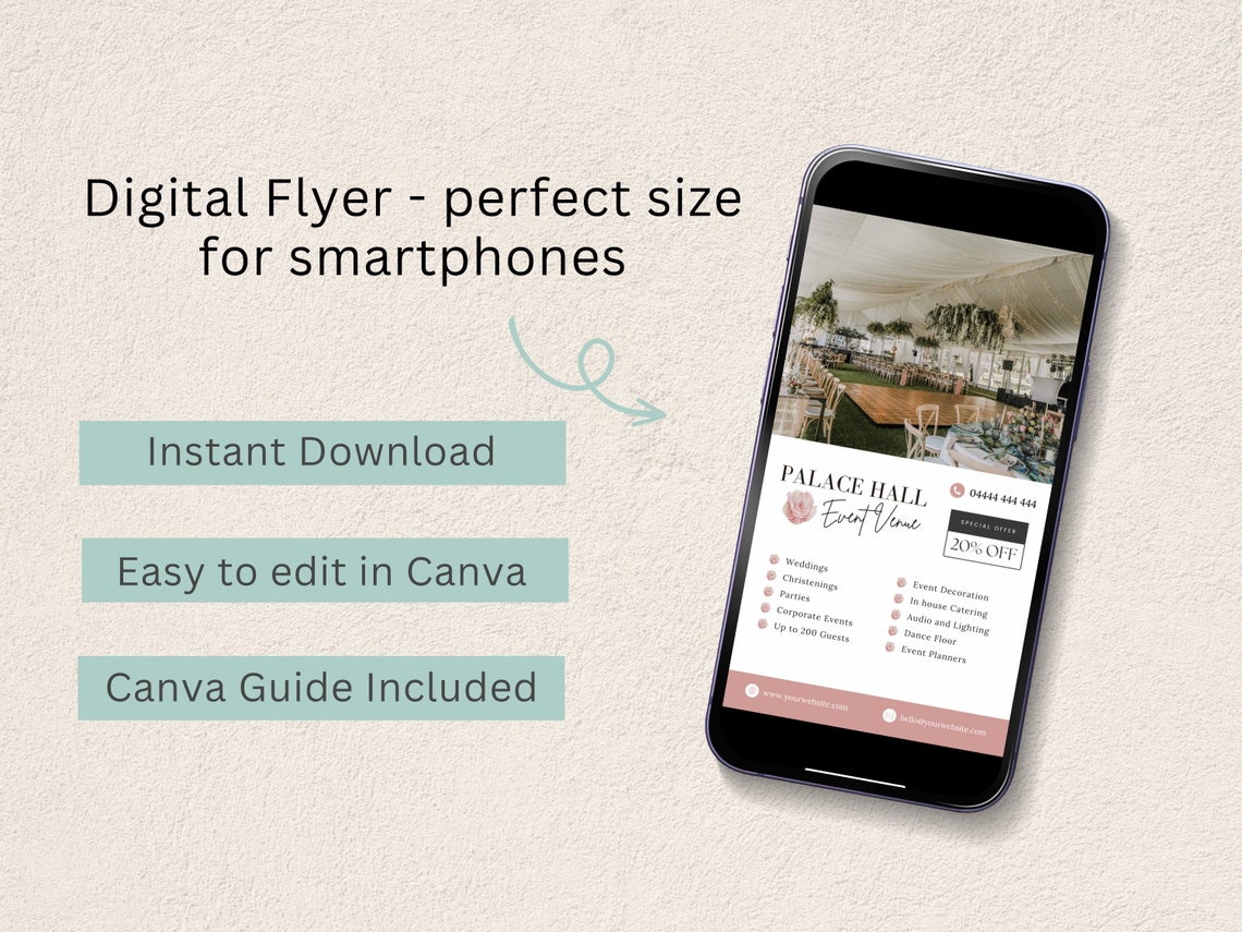 Event Venue Digital Flyer, INSTANT DOWNLOAD, Leaflet for Wedding Venue ...