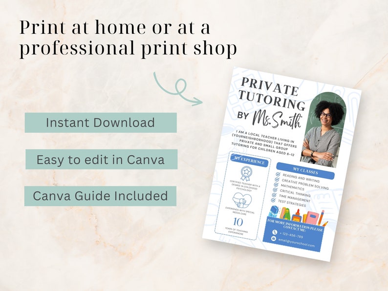 Tutoring Flyer Template, Editable Leaflet for Tutor, INSTANT DOWNLOAD ...