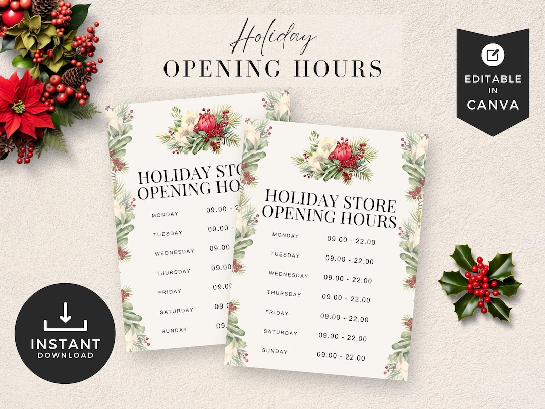 Holiday Store Opening Hours, Christmas Business Sign Template, INSTANT ...
