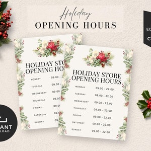 Holiday Store Opening Hours, Christmas Business Sign Template, INSTANT ...