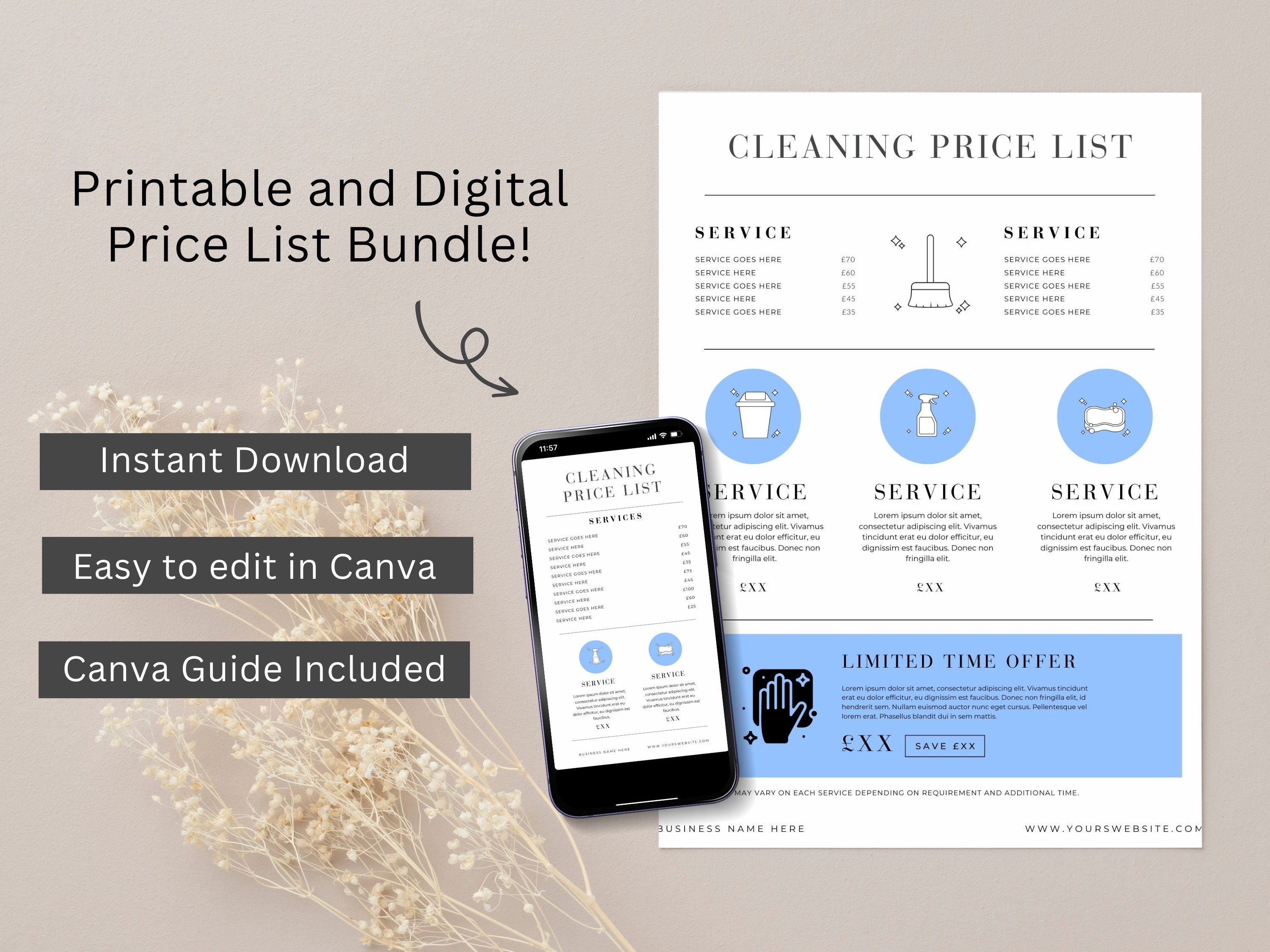 Cleaning Price List Bundle, Printable and Digital, Editable Canva ...