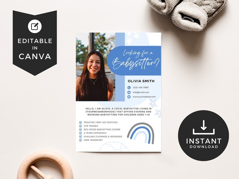 Babysitter Flyer, Babysitting Poster, INSTANT DOWNLOAD, Editable Canva Template, Pastel Blue ...