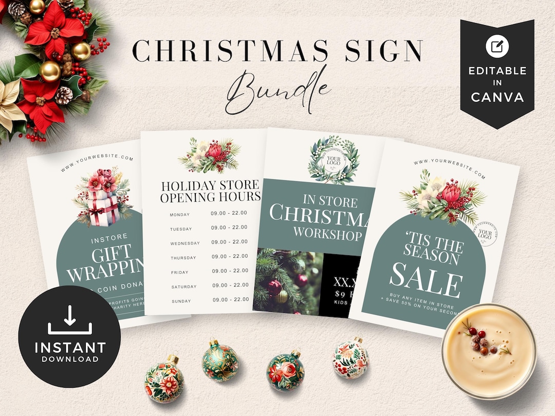 Christmas Business Sign Bundle, Holiday Store Opening Hours, INSTANT ...