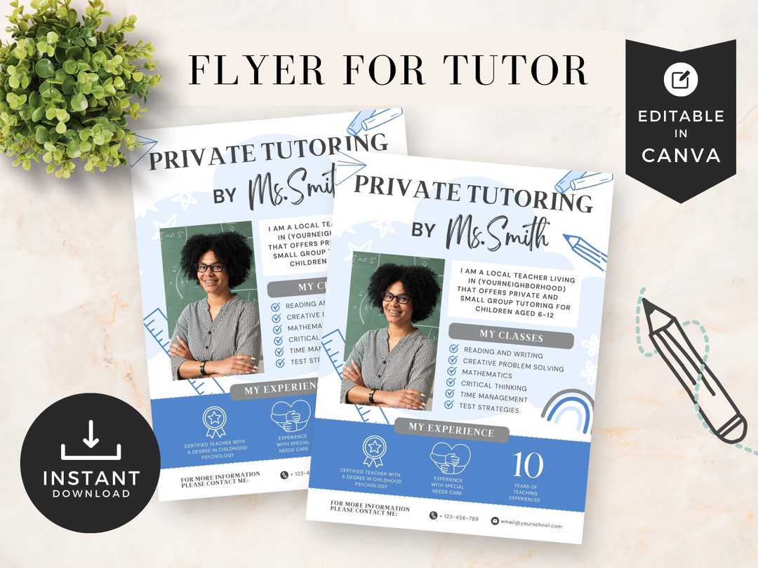 Tutoring Flyer Template, Editable Leaflet for Tutor, INSTANT DOWNLOAD ...