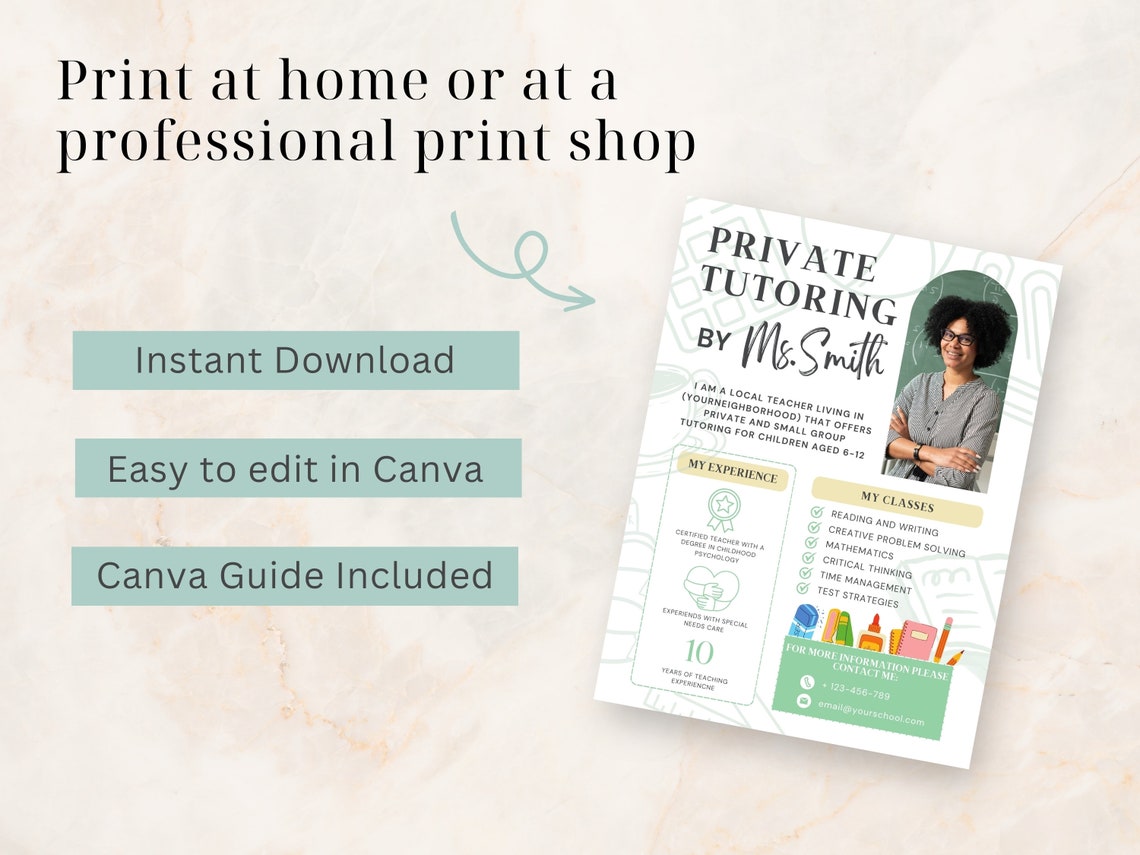 Tutoring Flyer Template, Editable Leaflet for Tutor, INSTANT DOWNLOAD ...