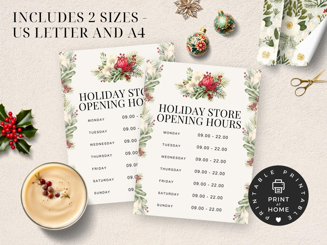 Holiday Store Opening Hours, Christmas Business Sign Template, INSTANT ...