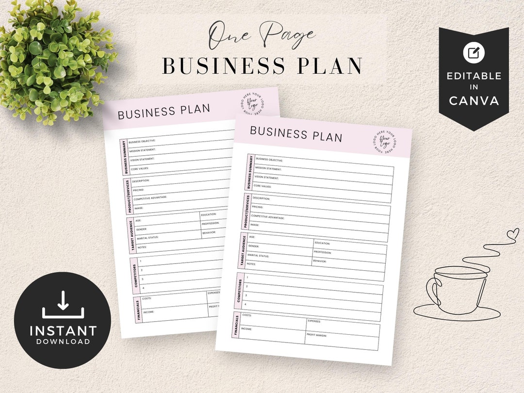 One Page Business Plan Template, INSTANT DOWNLOAD, Printable Startup ...