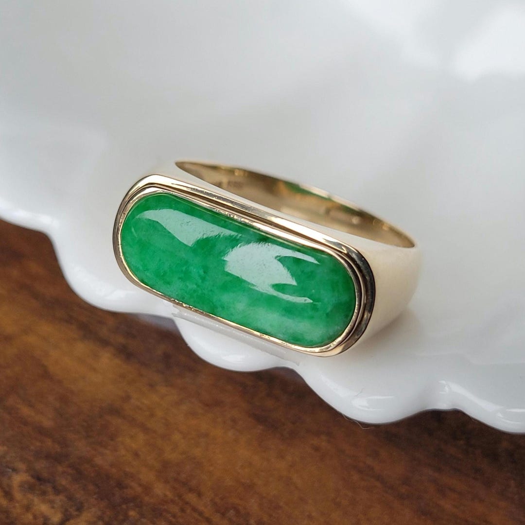 Jade Men's Ring 14k Gold Cabochon Green Jade Gemstone Man Ring Gift for ...