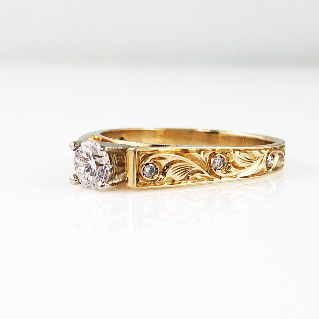 Filigree Diamond Engagement Ring, Engraved Solitaire Diamond Ring ...