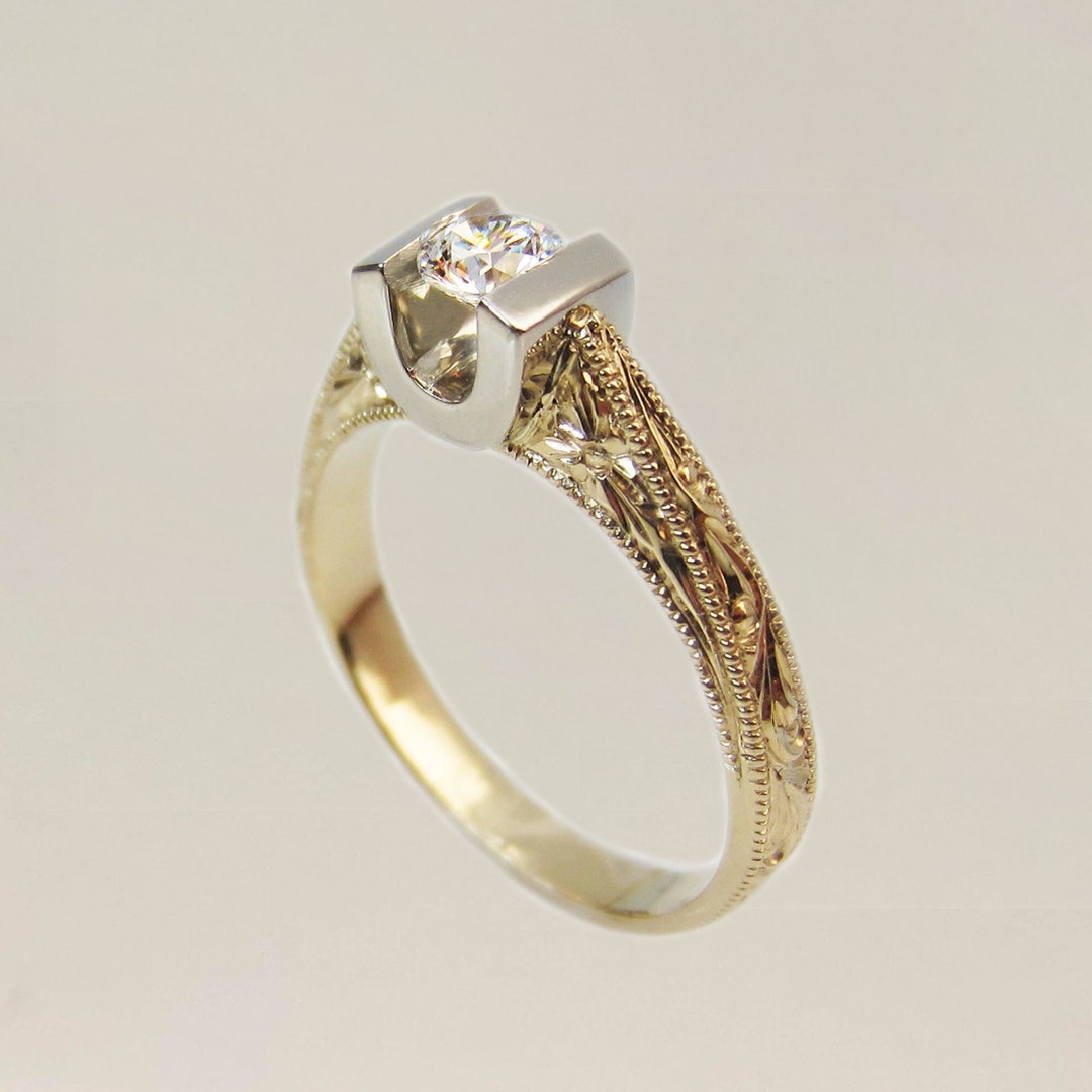 Diamond Filigree Engraved Engagement Ring Vintage Modern 4mm Round ...