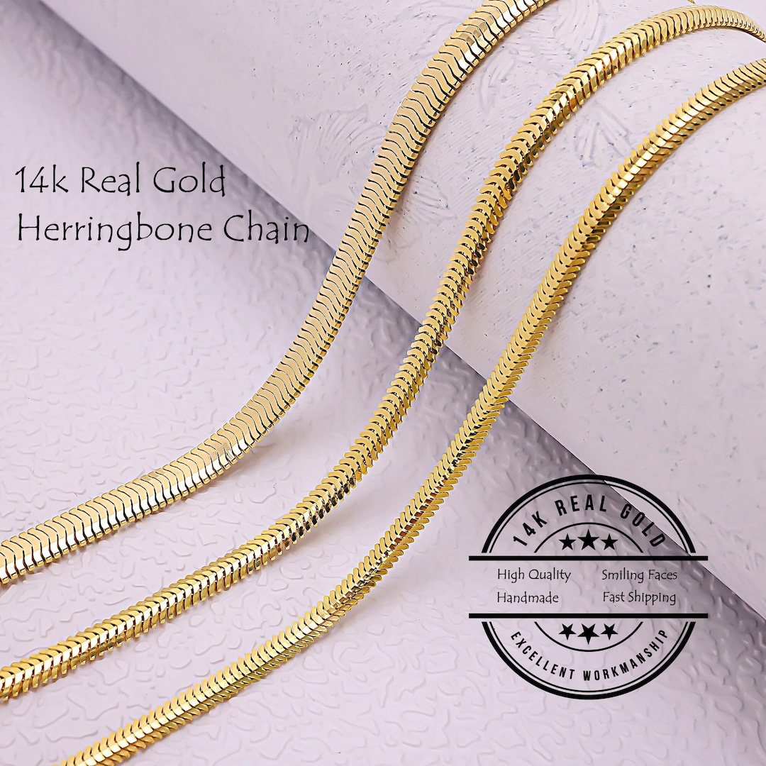14K Real Gold Herringbone Necklace Women, Snake Italian Oval Flex Chain ...