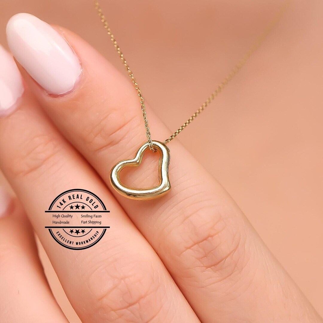 14K Real Gold Open Heart Necklace Women, Dainty Love Pendant, Christmas ...