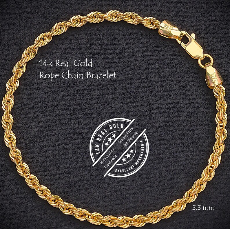 14K Real Gold Rope Bracelet Women, Twist Diamond Cut Chain Men ...