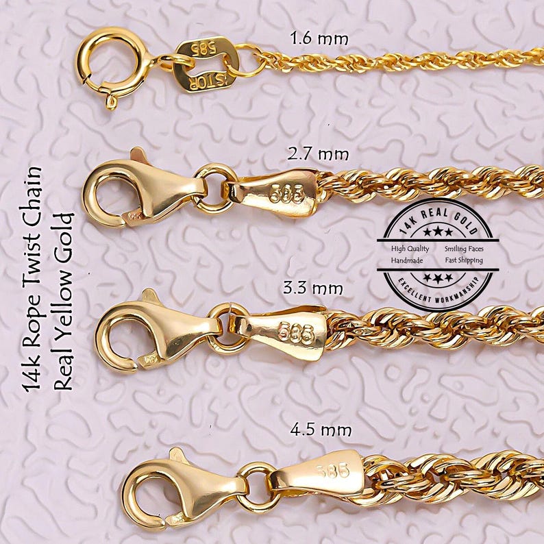 14K Real Gold Rope Bracelet Women, Twist Diamond Cut Chain Men ...