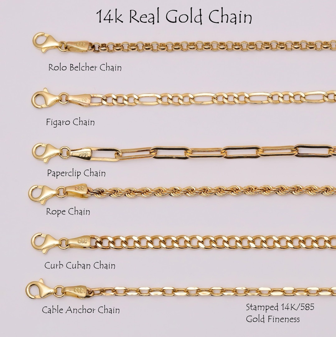 14K Real Gold Chain Necklace Women, Rolo Rope Paperclip Cable Figaro ...