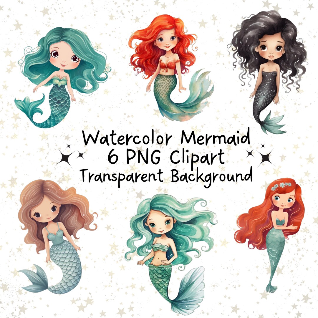 6 PNG Cute Watercolor Little Mermaid Clipart Illustrations Printable ...