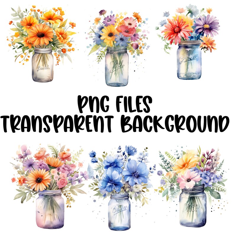 12 PNG Clipart Cute Watercolor Mason Jar Flower Bouquet Clipart ...