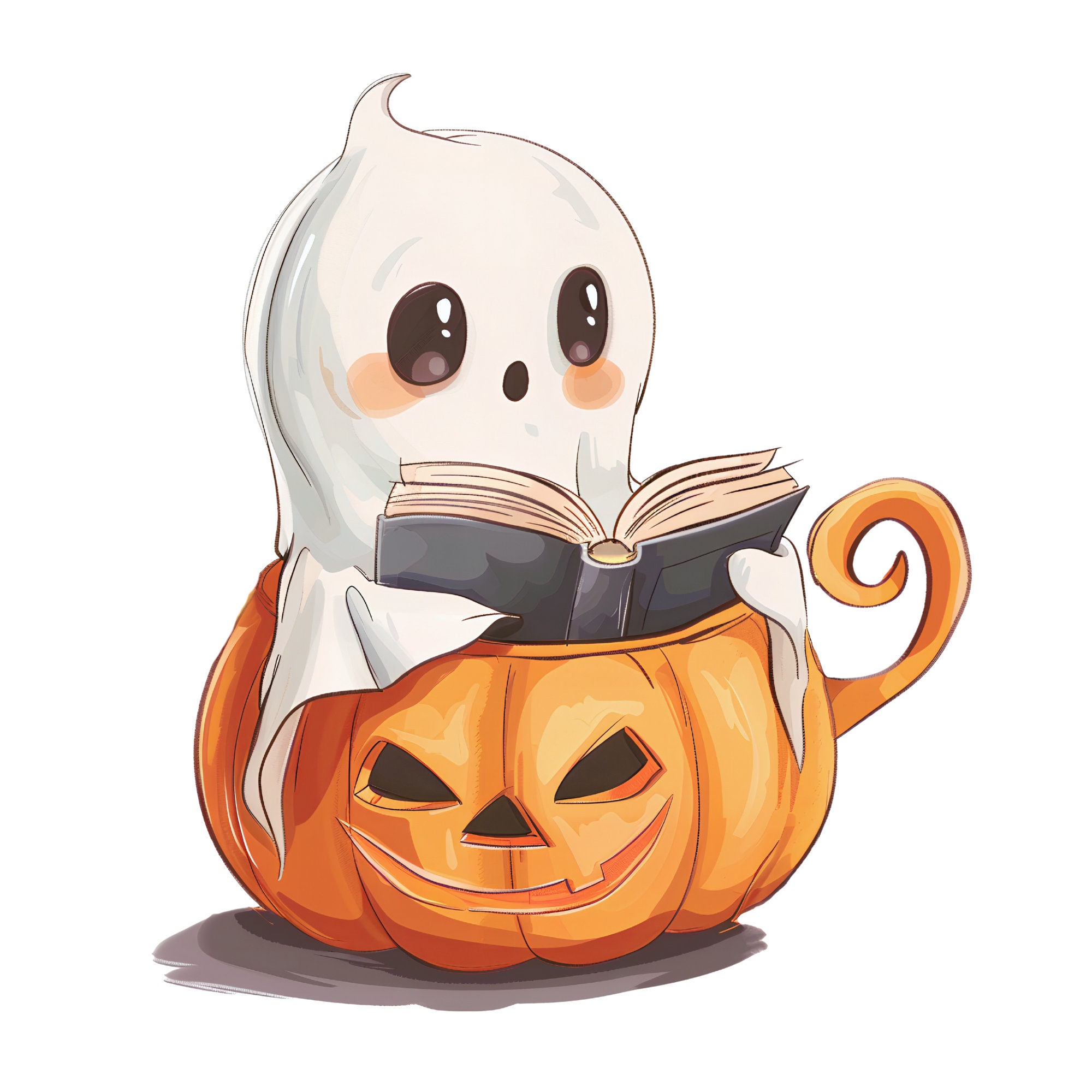 Cute Spooky Halloween Ghost Reading in Pumpkin Mug PNG, Bookish Clipart ...