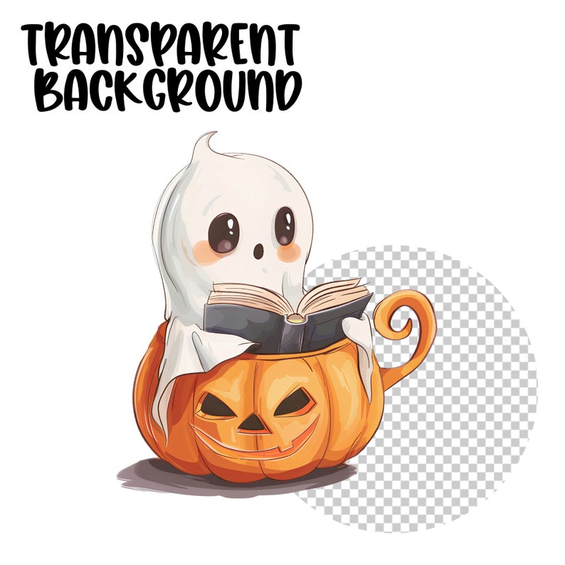 Cute Spooky Halloween Ghost Reading in Pumpkin Mug PNG, Bookish Clipart ...