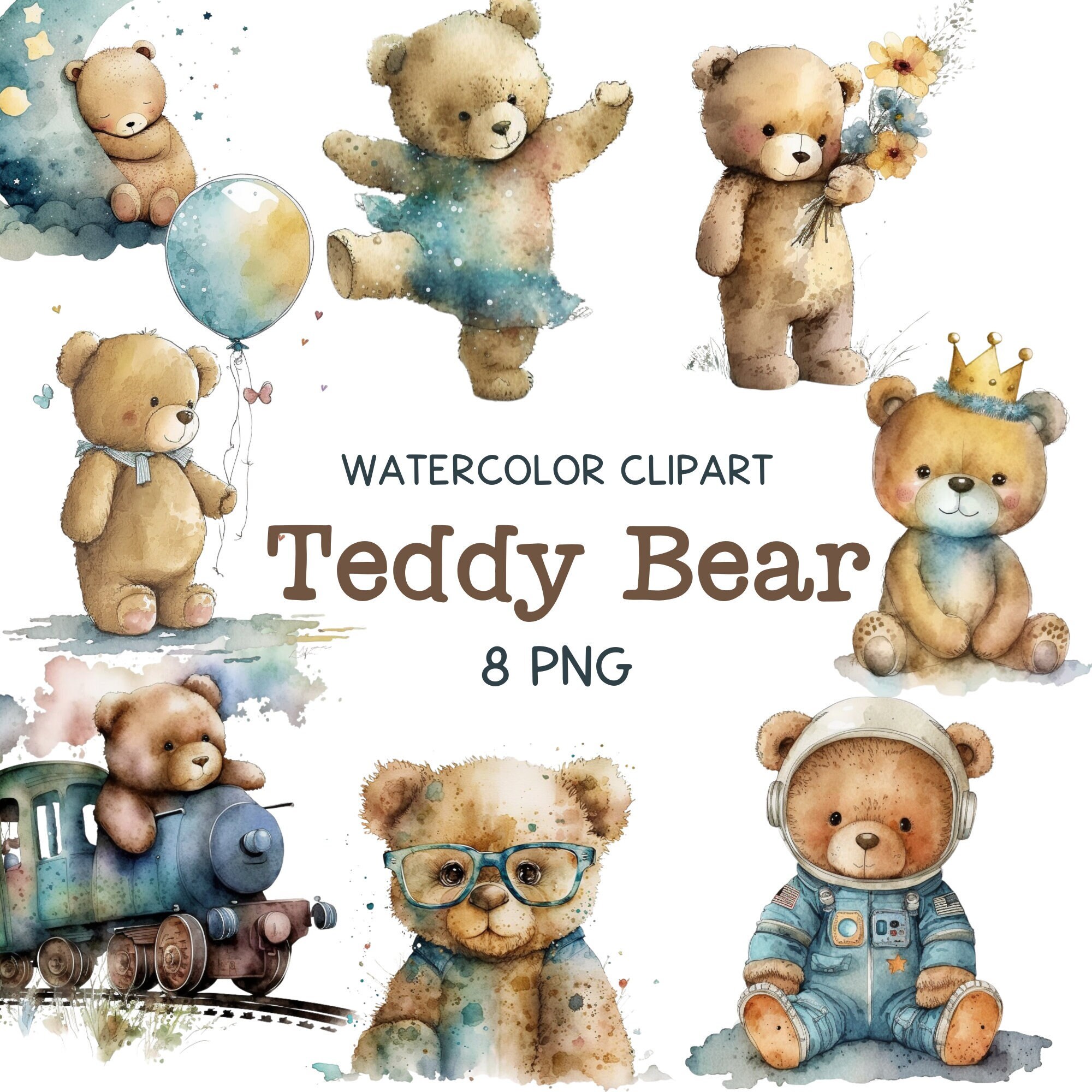 8 PNG Cute Watercolor Teddy Bear Clipart Illustrations - Etsy