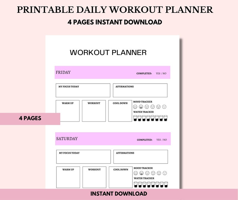Printable Daily Workout Planner, Minimalist Workout Fitness Tracker ...