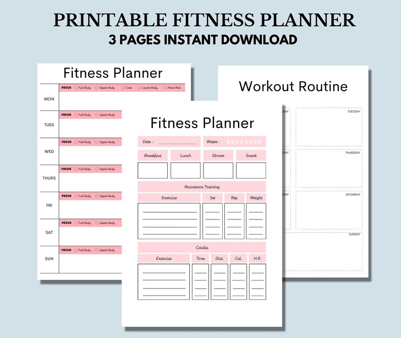 Printable Fitness Planner, Daily Workout Routine Log, - Etsy
