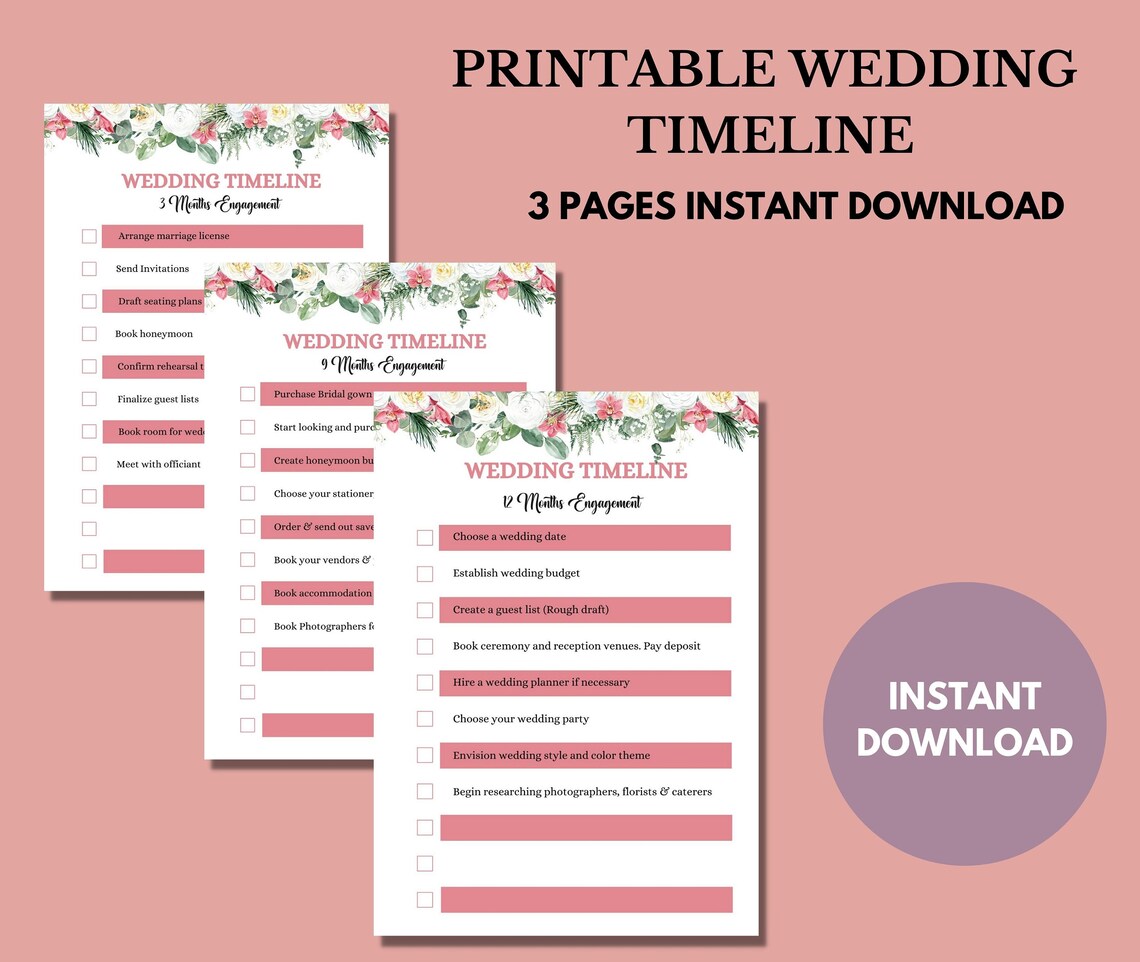 Printable Wedding Timeline Planning Templates Floral Wedding - Etsy