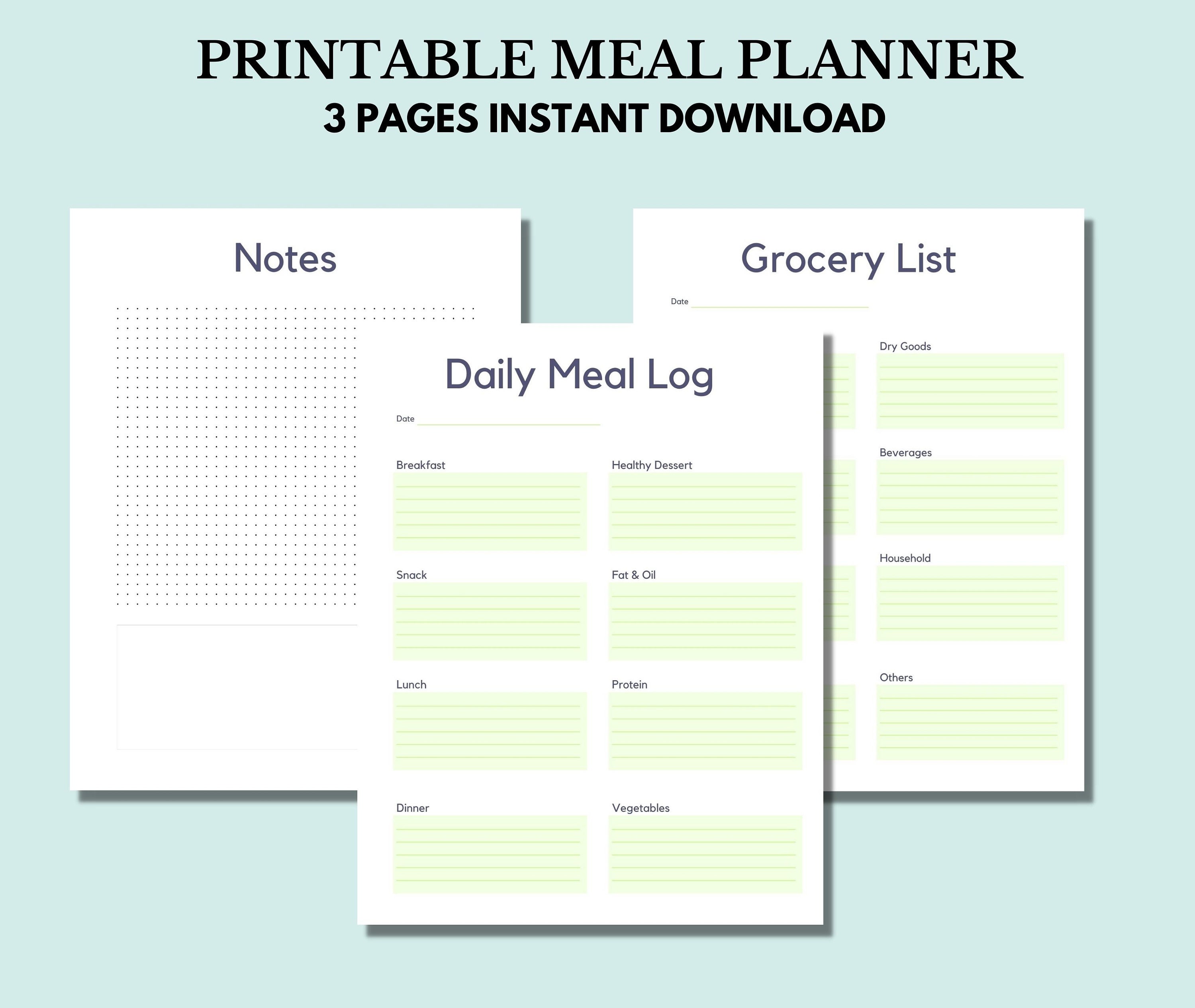 Printable Daily Meal Log, Grocery List Note Taking Page, Weekly Meal ...